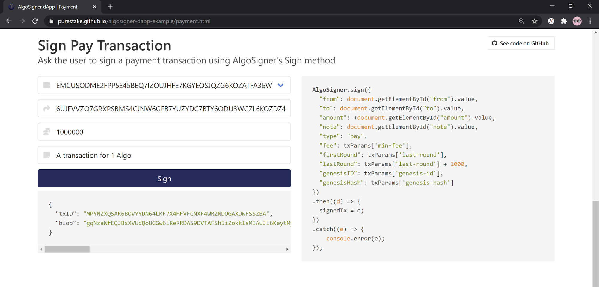 Adding Transaction Capabilities to a dApp Using AlgoSigner | Algorand Developer Portal